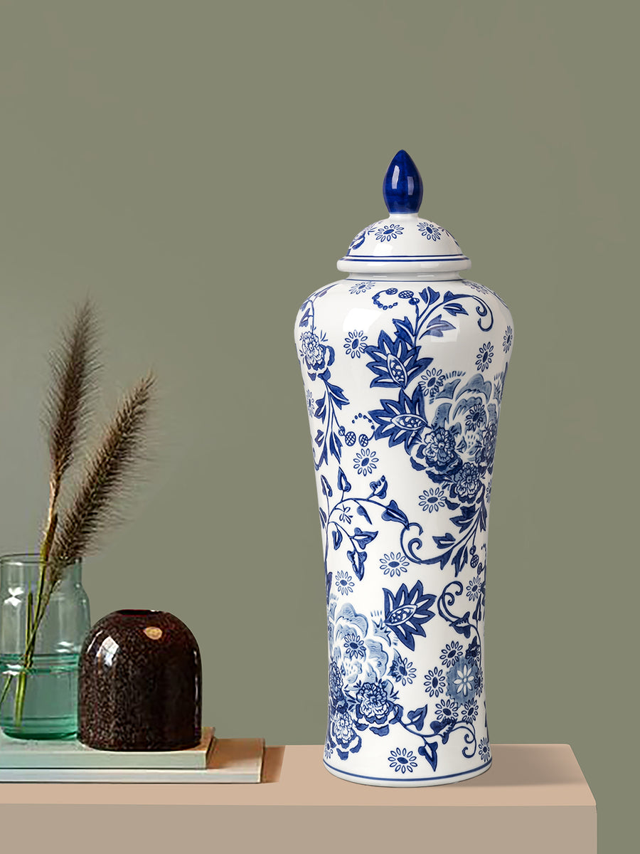 White & Blue Ceramic Pot With Lid – NEERJA INTERNATIONAL INC