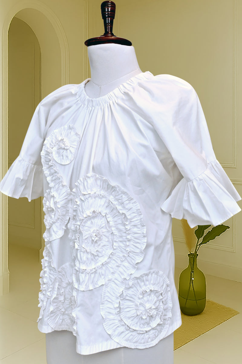 Poplin White Top With Ruffled Flowers – NEERJA INTERNATIONAL INC