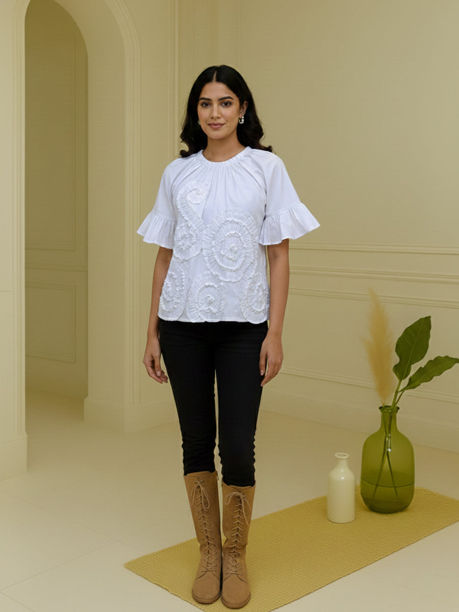 Poplin White Top With Ruffled Flowers – NEERJA INTERNATIONAL INC