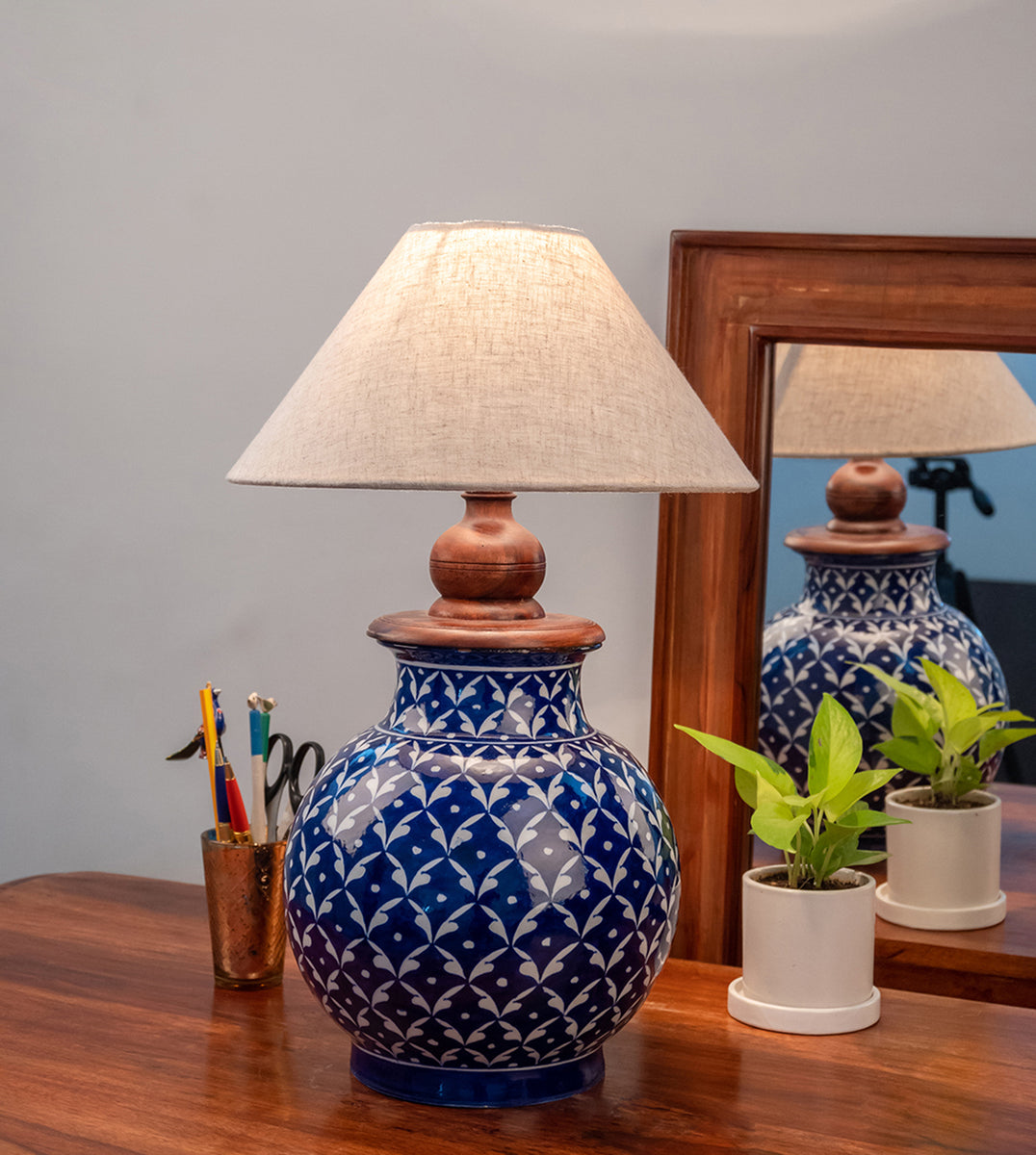 Blue pottery Matka Table Lamp (Without Shade) – NEERJA INTERNATIONAL INC