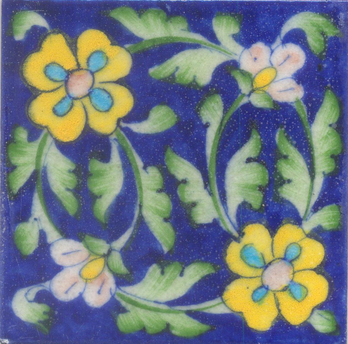 Two Yellow and Turquoise Flowers Lime Green leaf with Blue Base Tile ...