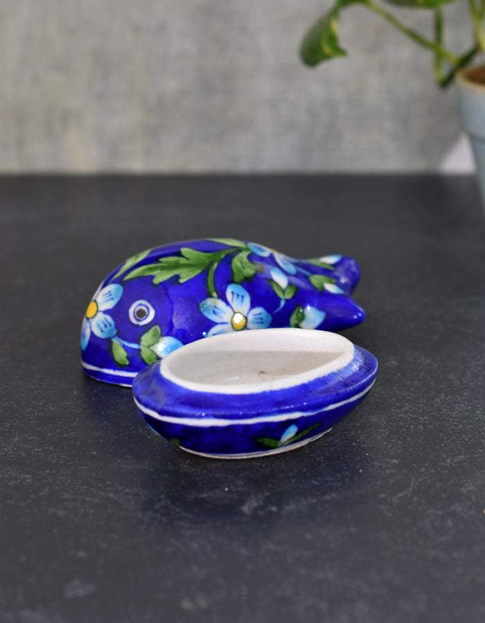 Jaipur Blue Pottery Handmade Fish Shape Box in Blue Base With Multi Fl ...