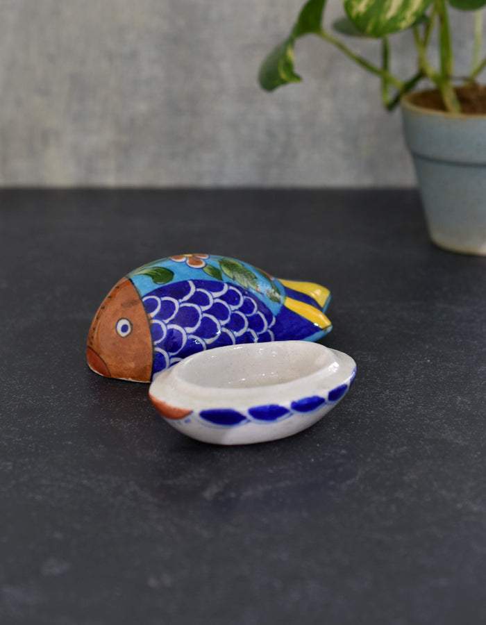 Jaipur Blue Pottery Handmade Fish Shape Box in Blue Base With Multi Co ...