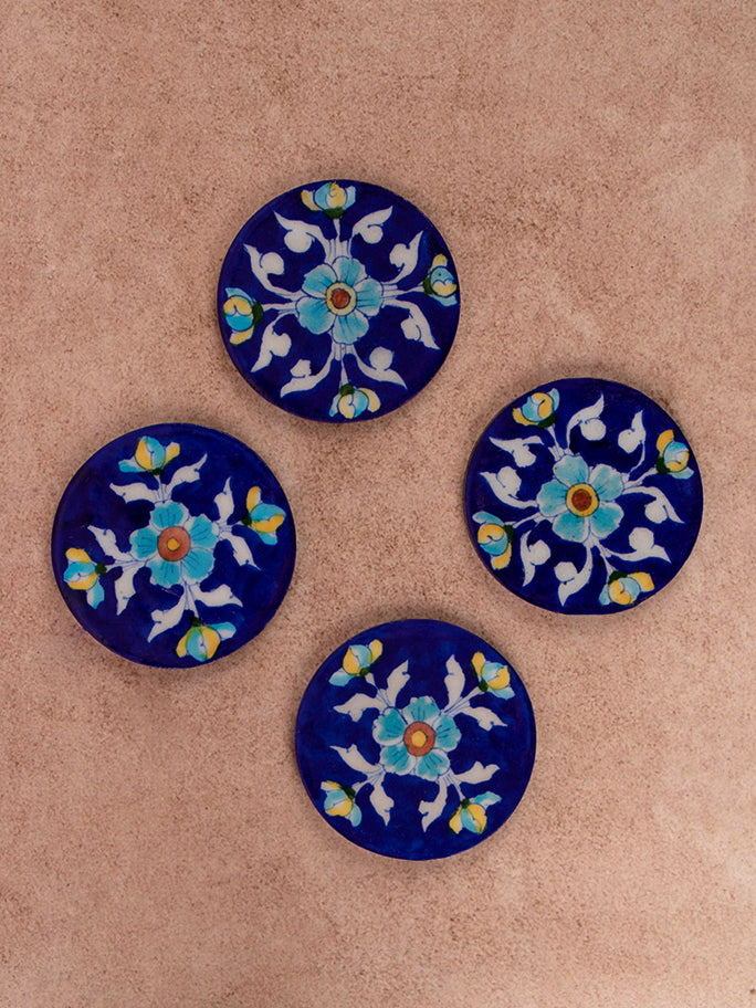 Premium Blue Pottery Blue Base Turquoise Flower Coasters Set Of 4pcs ...