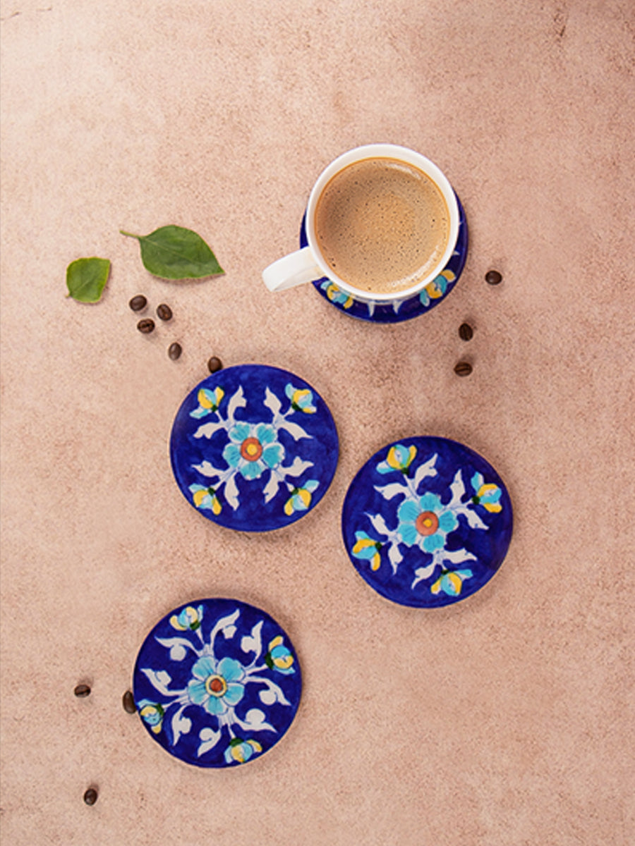 Premium Blue Pottery Blue Base Turquoise Flower Coasters Set Of 4pcs ...