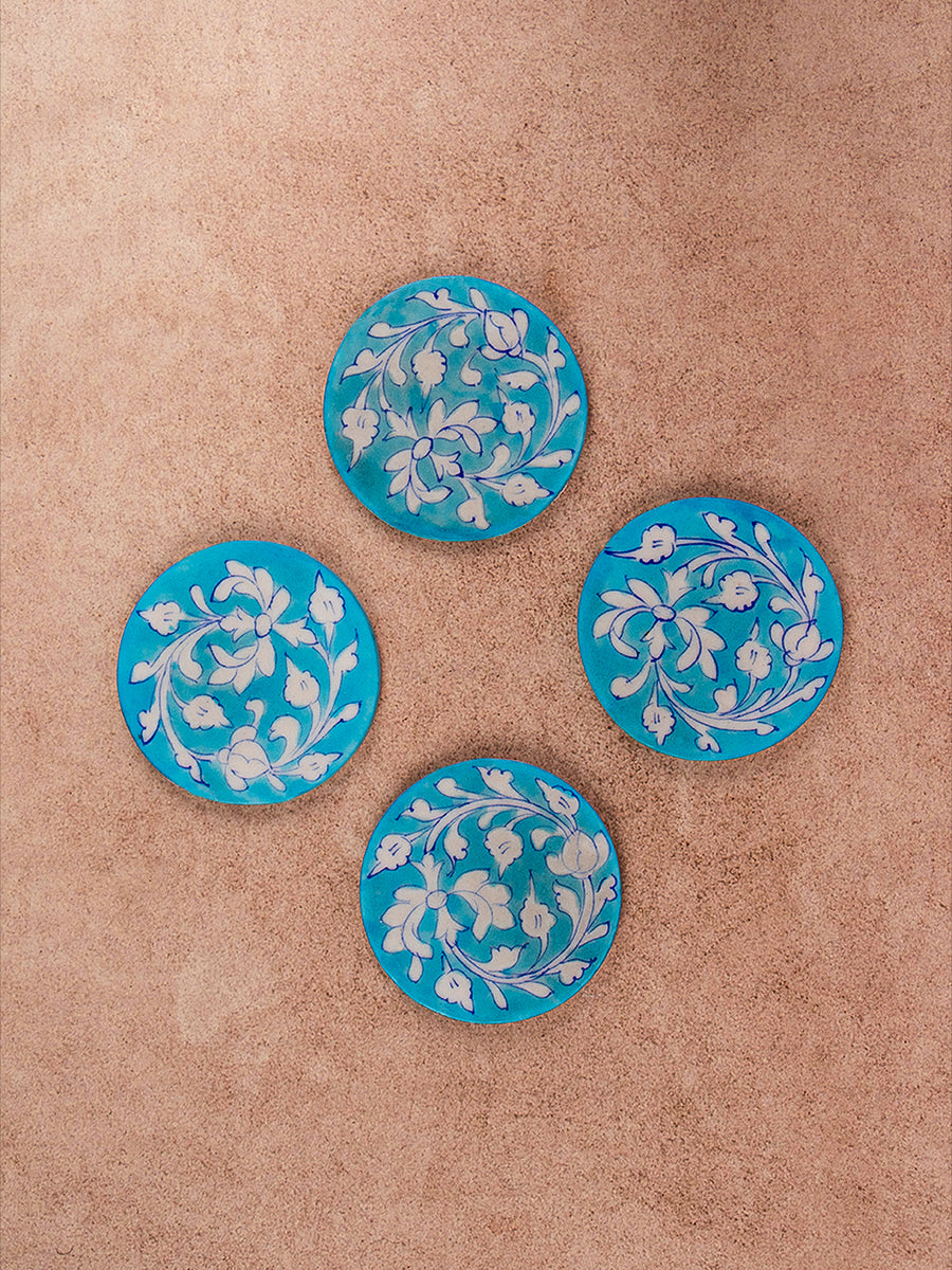 Blue Pottery Turquoise Base White Flower Coasters Set Of 4pcs. – NEERJA ...