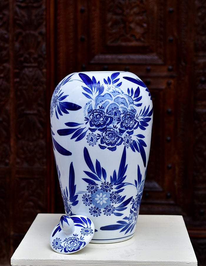 Ceramic Pot With Lid White & Blue Floral Design – NEERJA INTERNATIONAL INC