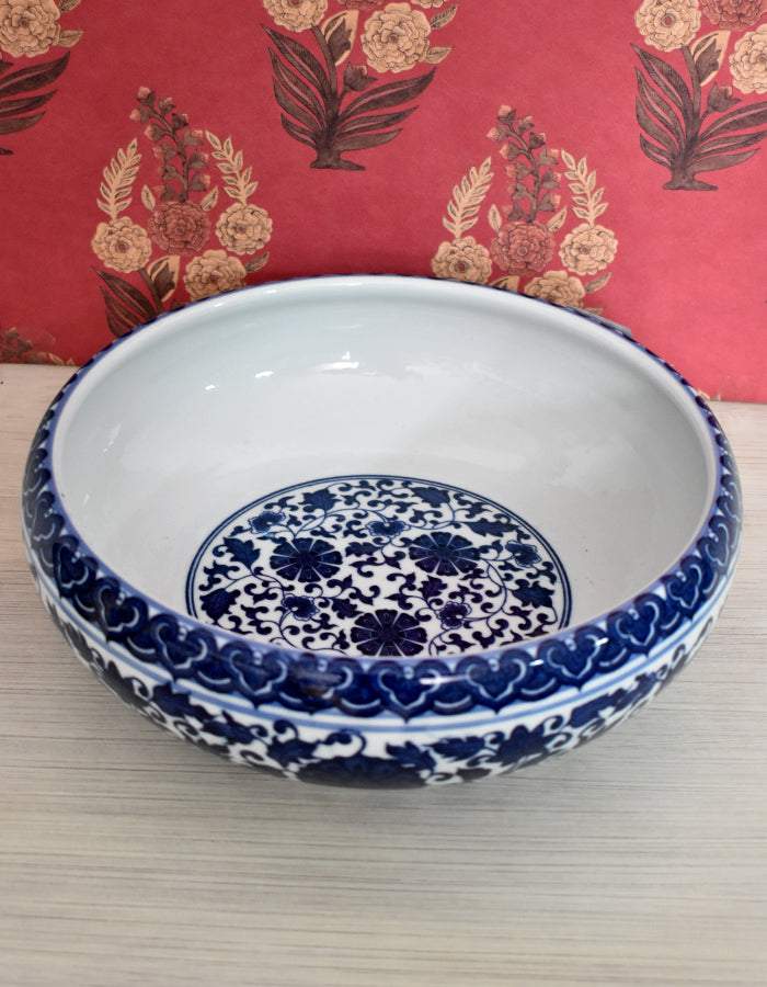 Ceramic Urli White Base With Blue Floral Print – NEERJA INTERNATIONAL INC